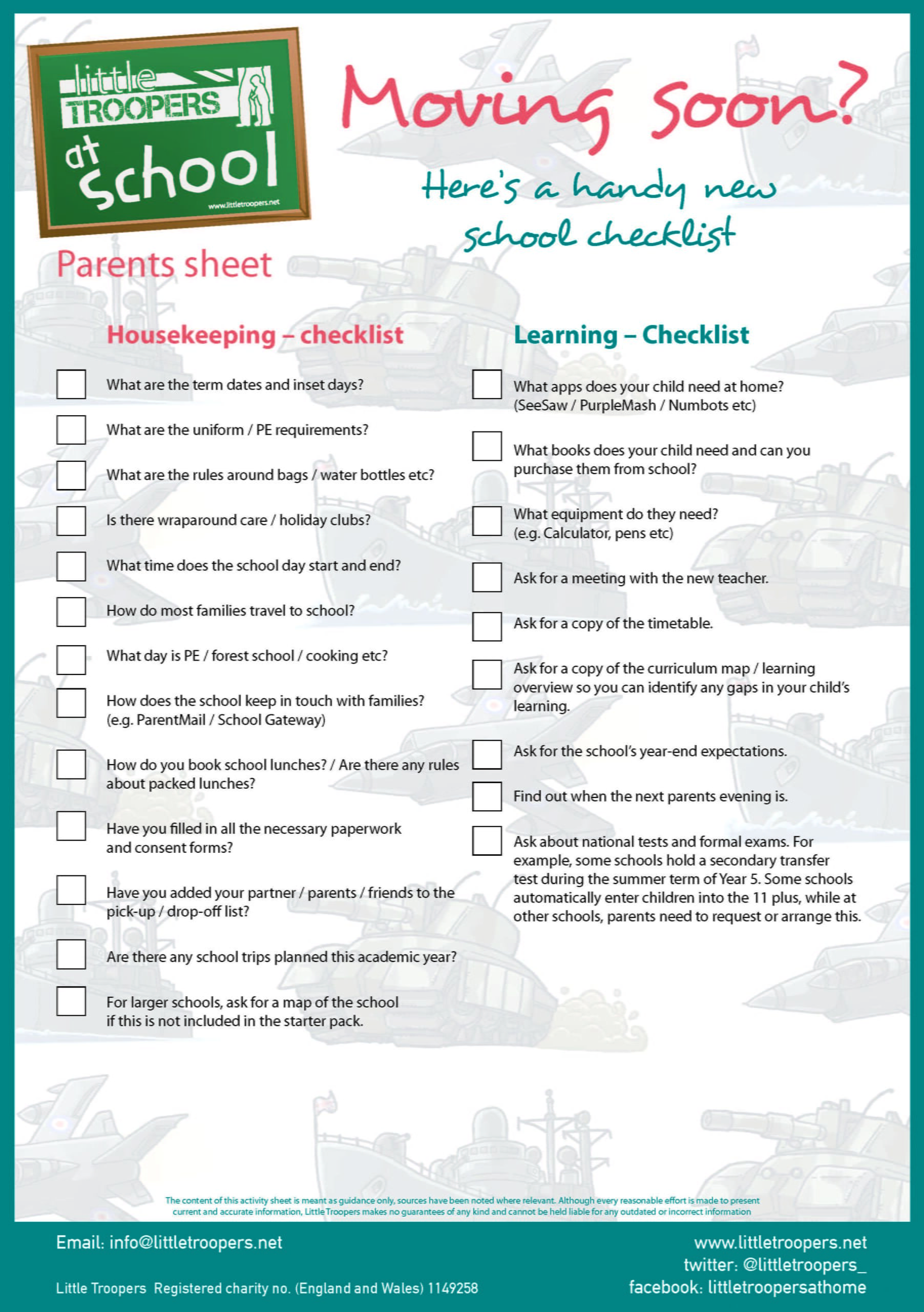 Parent Info Sheet - Moving school checklist - Little Troopers