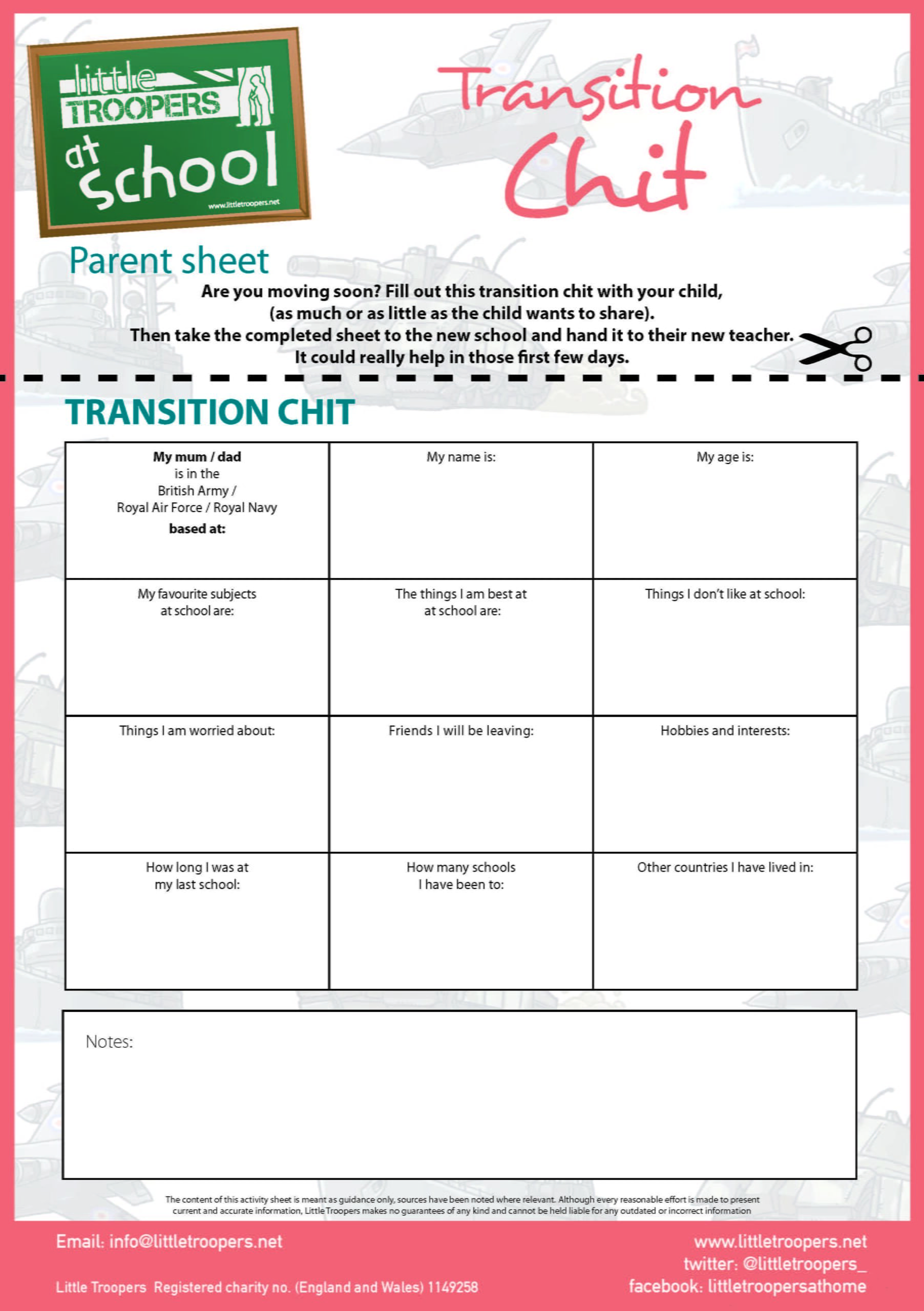 Parent Info Sheet - Transition Chit - Little Troopers