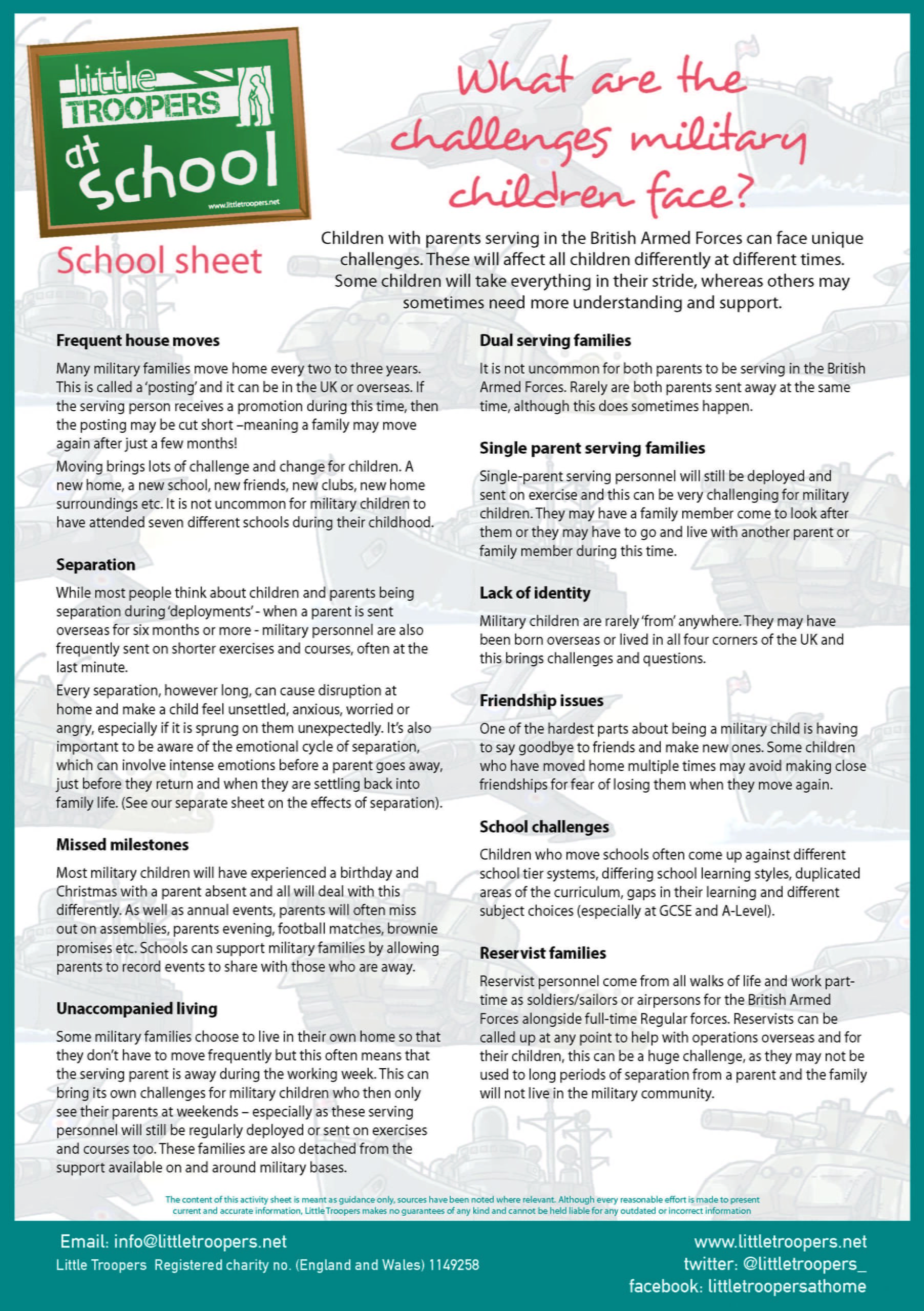 School Info Sheet - Military life challenges - Little Troopers