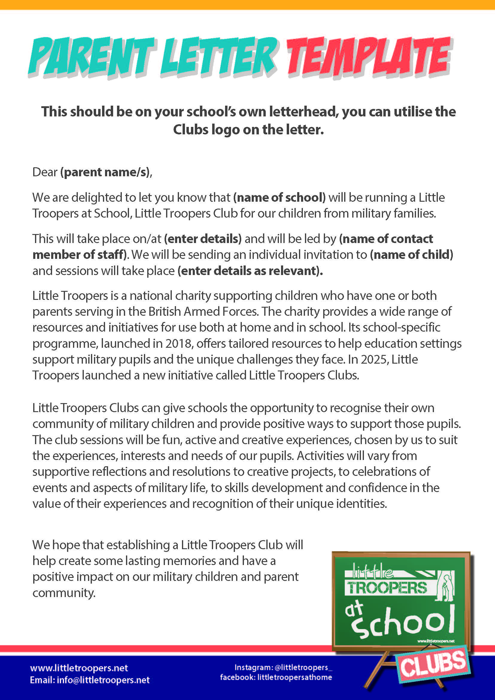 Little Troopers Club - Parent Letter Template - Little Troopers